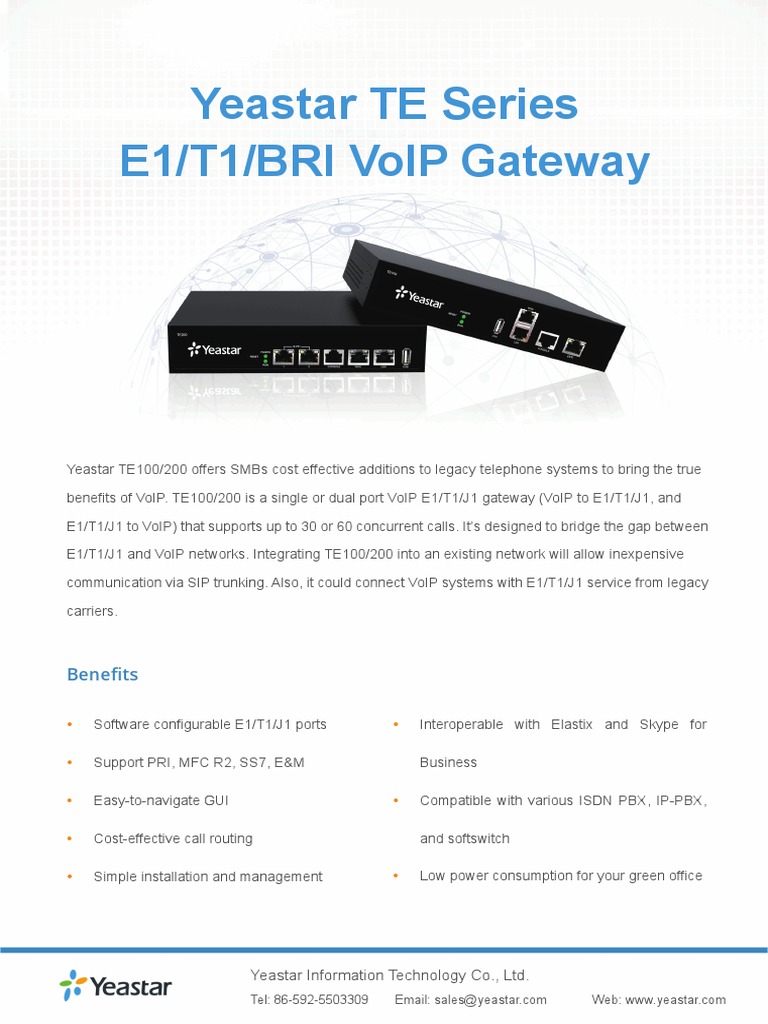 Yeastar TE Series PRI VoIP Gateways Datasheet en | PDF | Voice Over Ip | Session Initiation Protocol