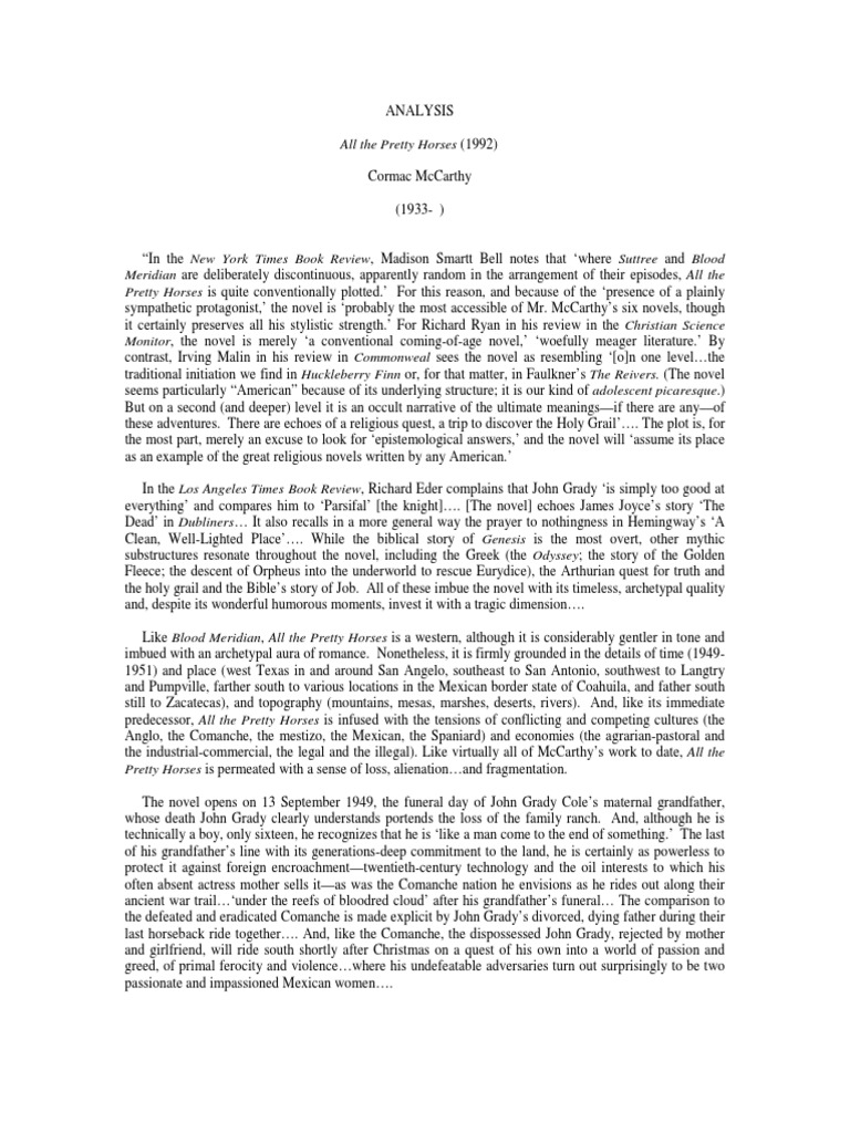 ANALYSIS McCarthy, Cormac All The Pretty Horses (1992) Analysis by 12 ...