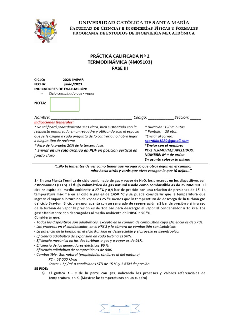 Pc-2 Ucsm Ciclo Combinado 2023-Impar | Descargar gratis PDF | Ciencias fisicas | Física Aplicada ...