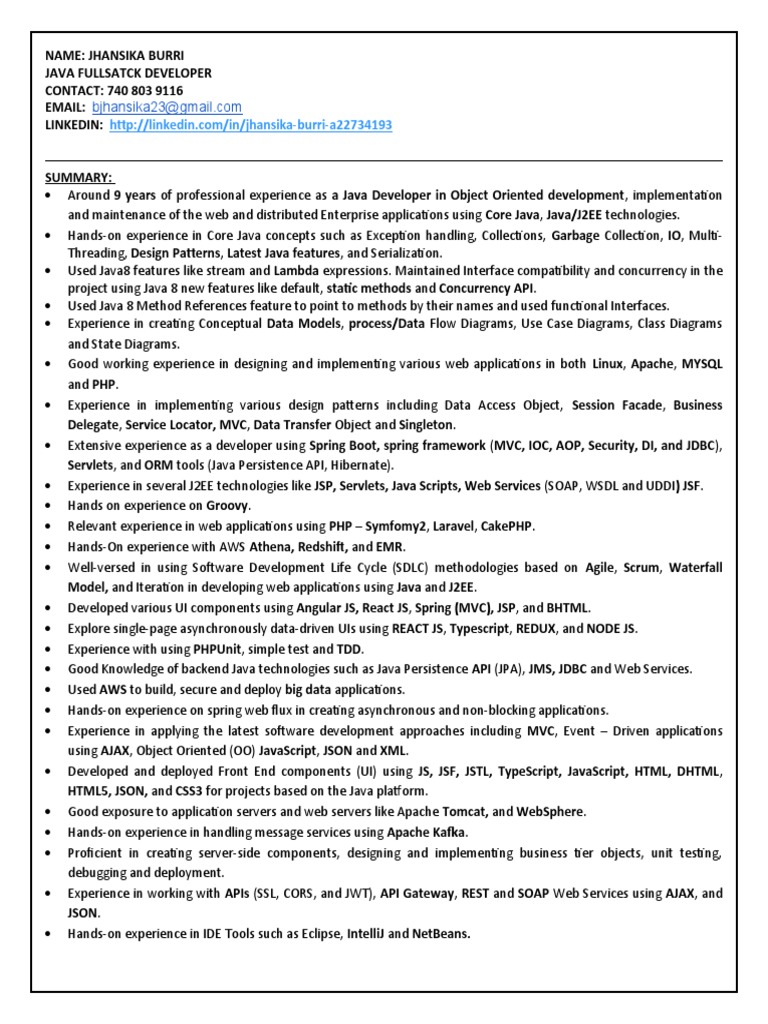 Jhansika Burri Java Resume | Download Free PDF | Spring Framework | Java (Programming Language)