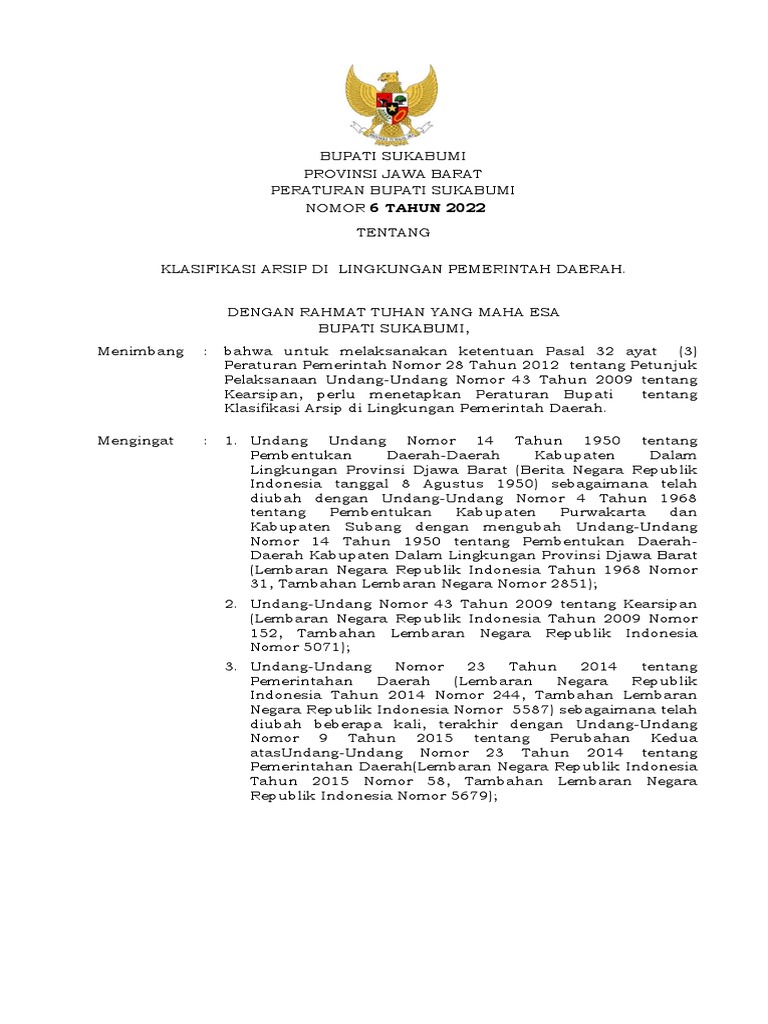 Perbup Klasifikasi Arsip Nomor 6 Tahun 2022 | PDF