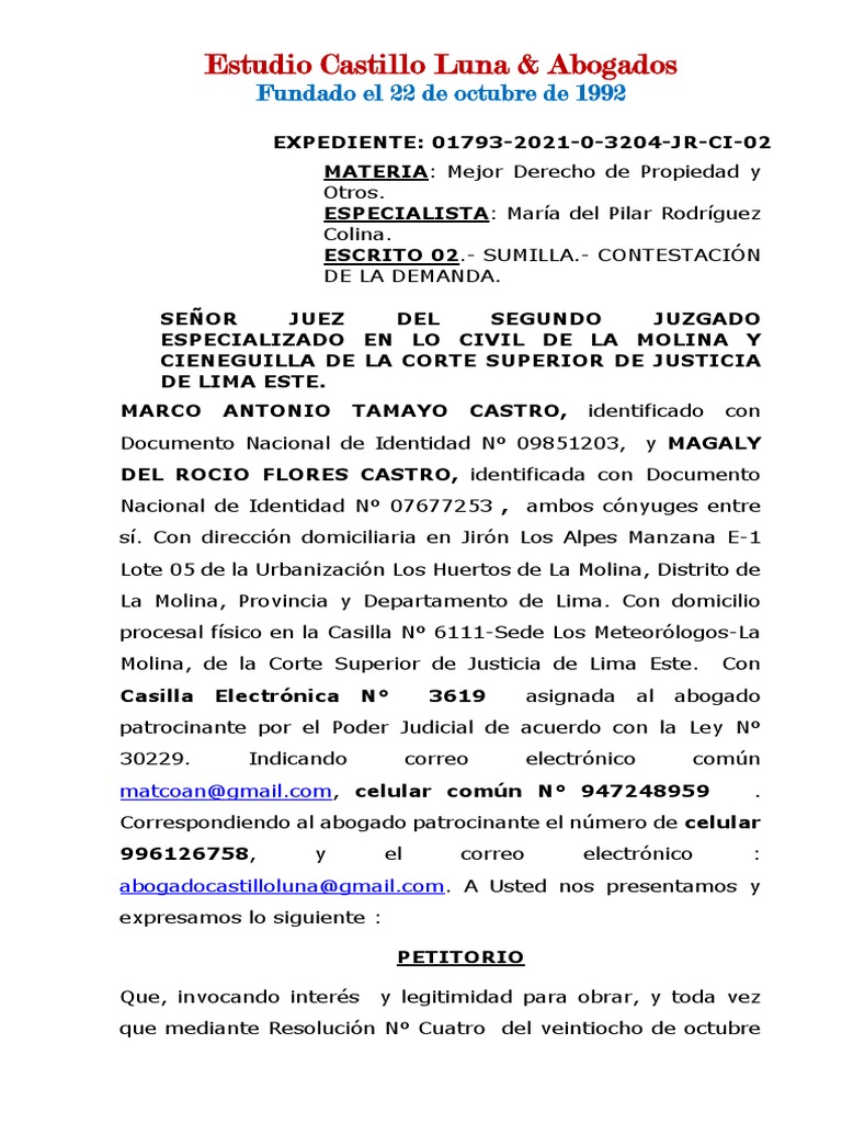 Modelo de Contestación de Demanda de Mejor Derecho de Propiedad y Otros ... Modelo de Contestación de Demanda de Mejor Derecho de Propiedad y Otros ...