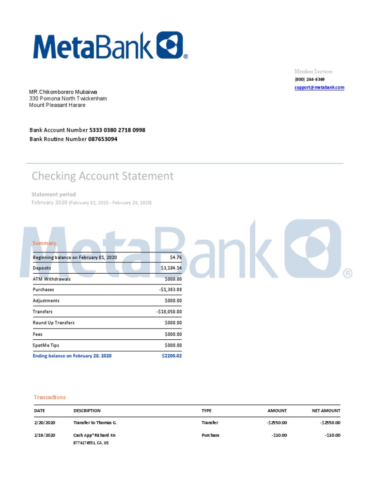 Checking Account Statement: Bank Account Number 5333 0380 2718 0998 ...