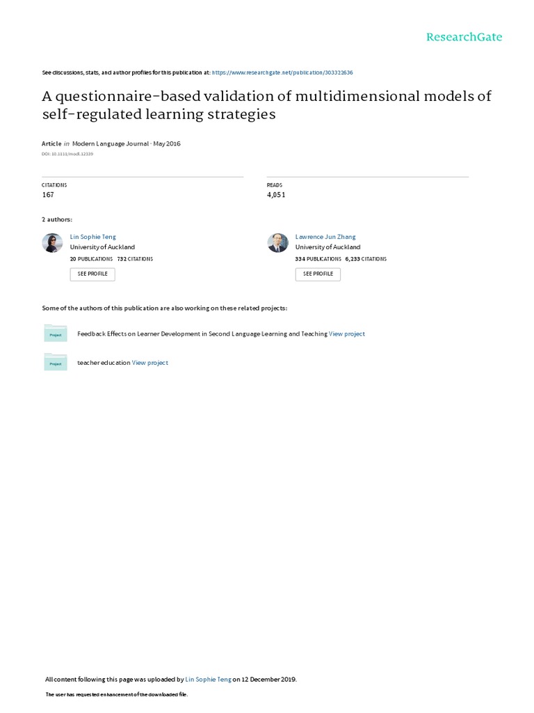 A Questionnaire-Based Validation of Multidimensional Models of Self-Regulated Learning ...