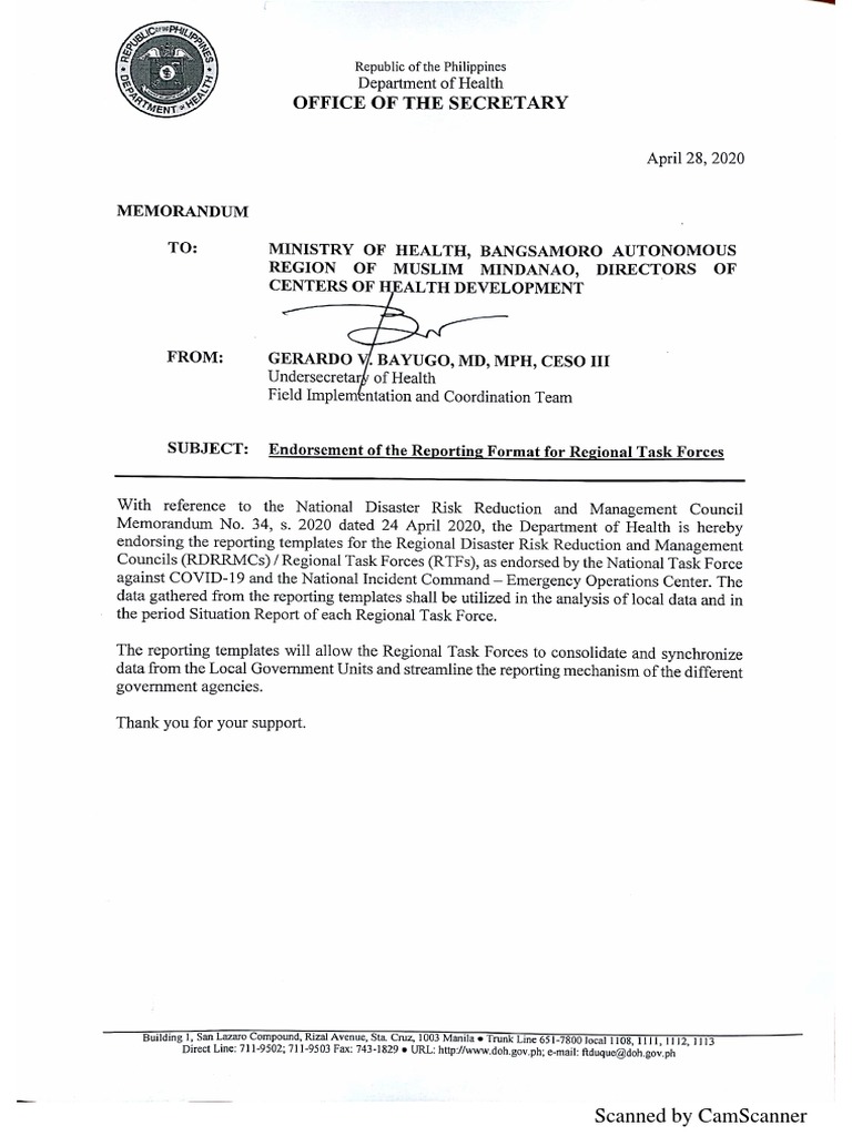 DOH Memo Re Endorsement of The Reporting Format For | PDF