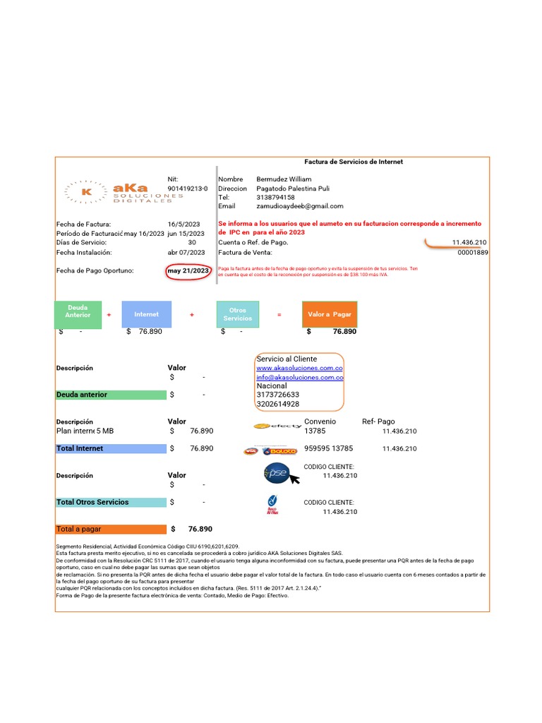 Factura de Servicios de Internet: Deuda Anterior Internet Otros ...