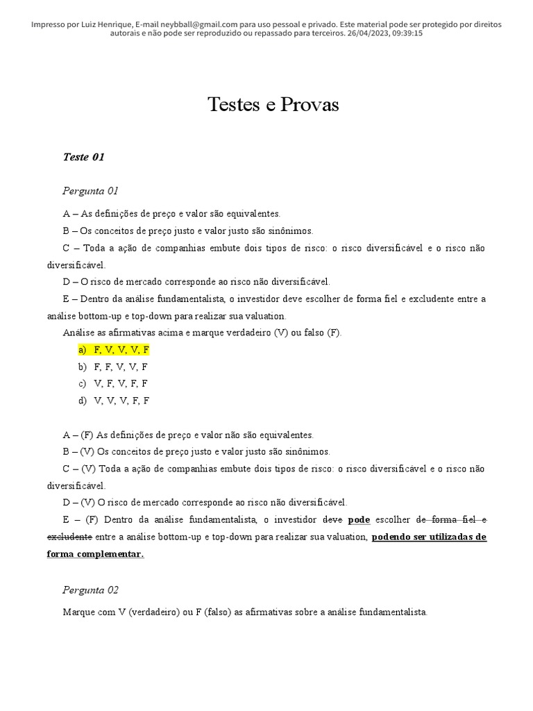 Testes e Prova - Matéria 08 - Passei Direto1 | PDF | Custo de capital ...
