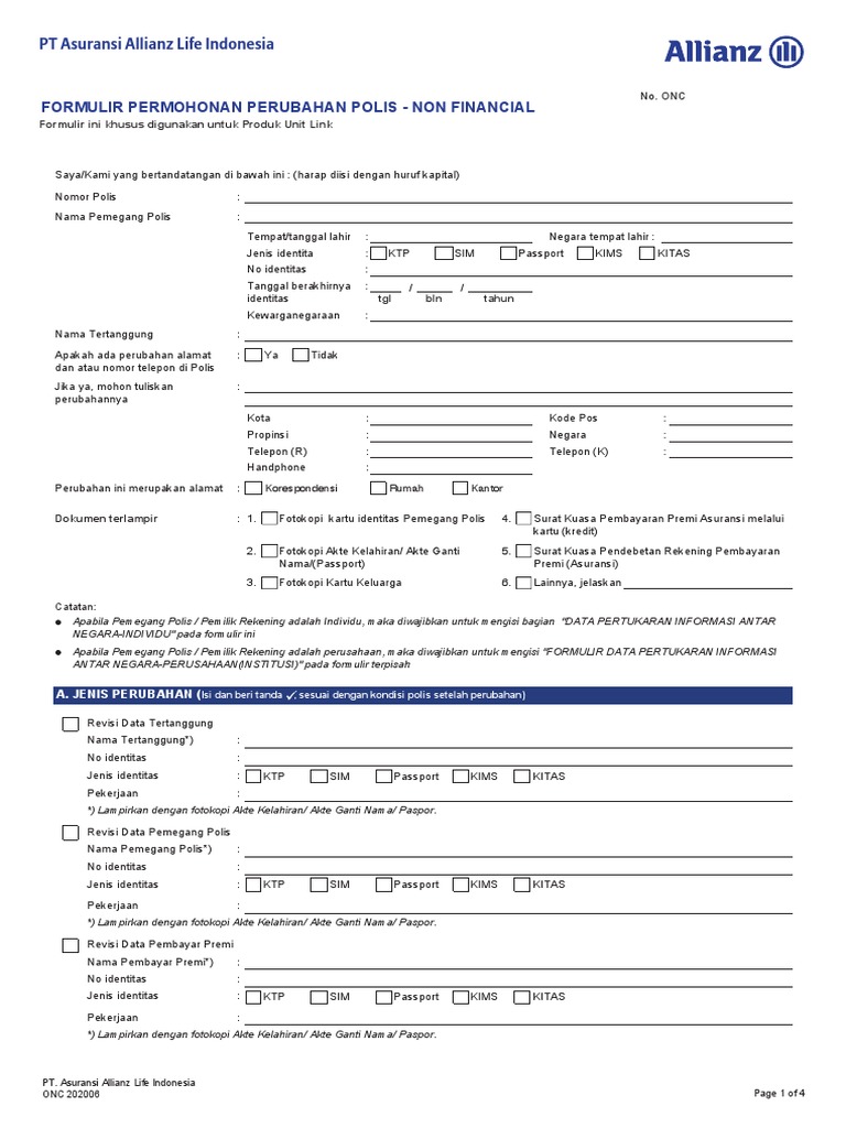 Formulir Permohonan Perubahan Polis - Non Financial 5 | PDF