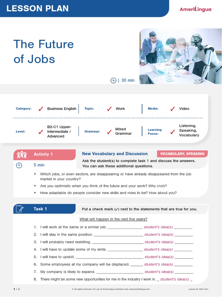 B2C1.B-4 Lesson Plan The Future of Jobs | PDF | Lesson Plan | Vocabulary