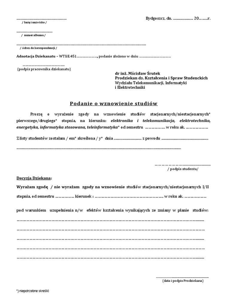 Podanie o Wznowienie Studiow | PDF
