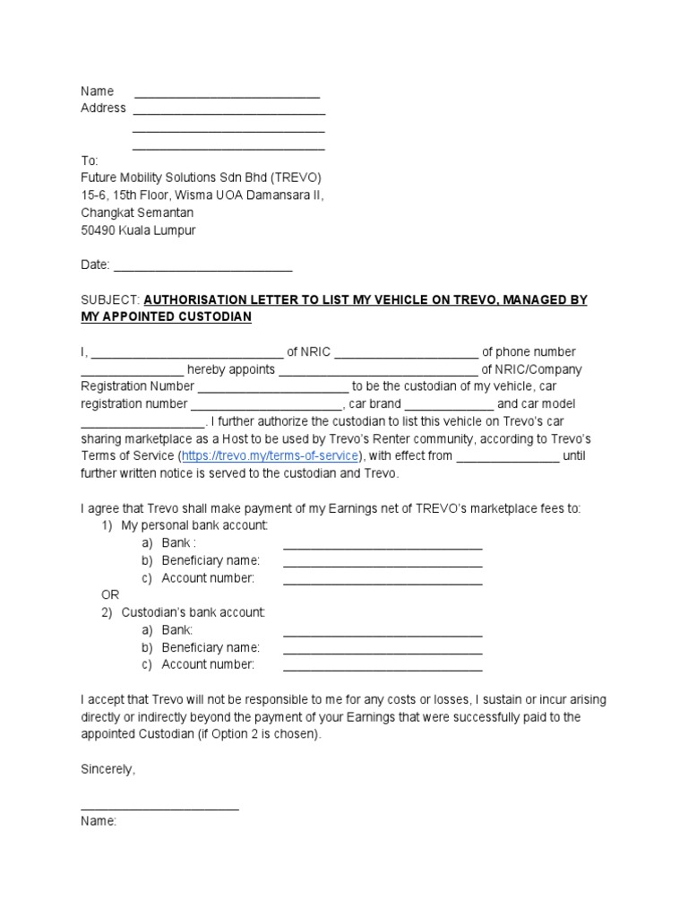 Custodian Authorisation Letter | PDF