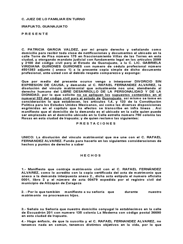 Demanda de Divorcio Incausado en Guanajuato | PDF | Divorcio ...