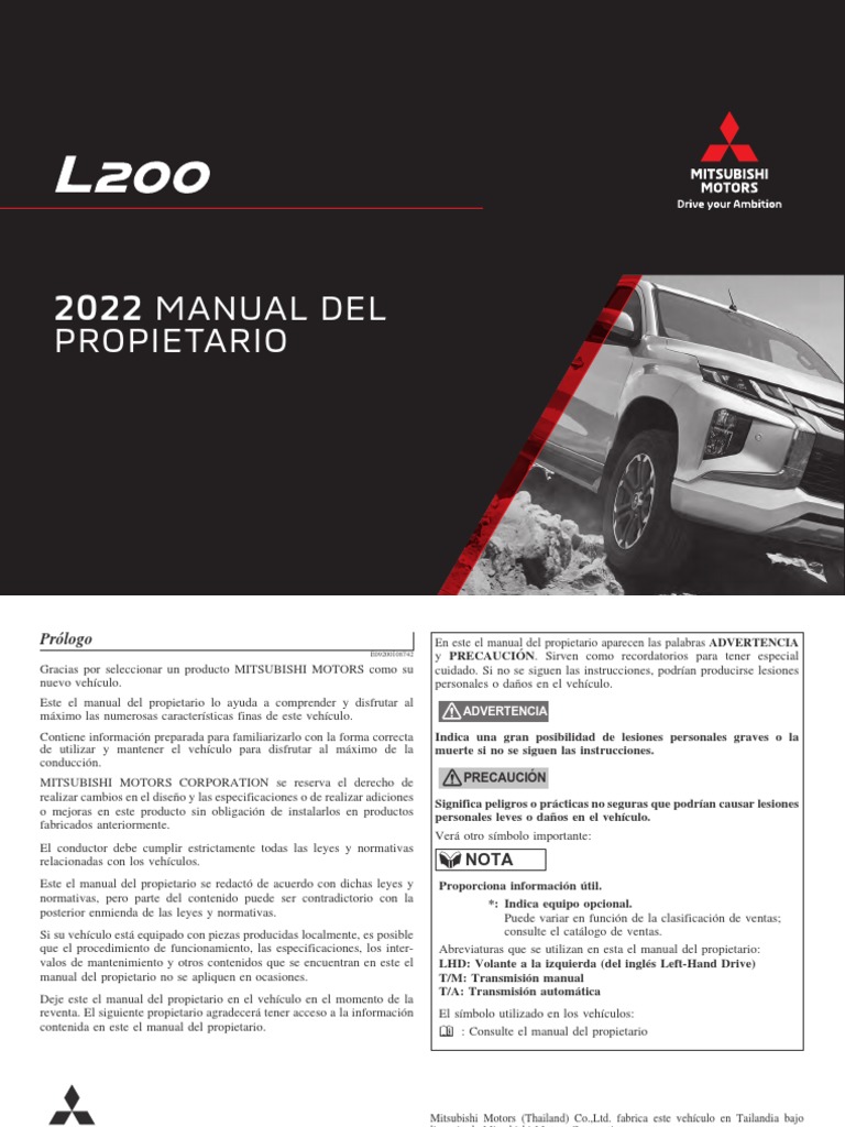 L200 Manual de Propietario | PDF | Gasolina | Tracción en las cuatro ruedas