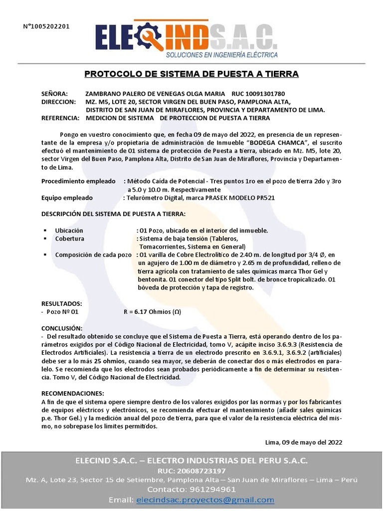 PROTOCOLO SPAT 1005202201 - Bodega Chamaca | PDF | Electricidad | Física Aplicada e ...