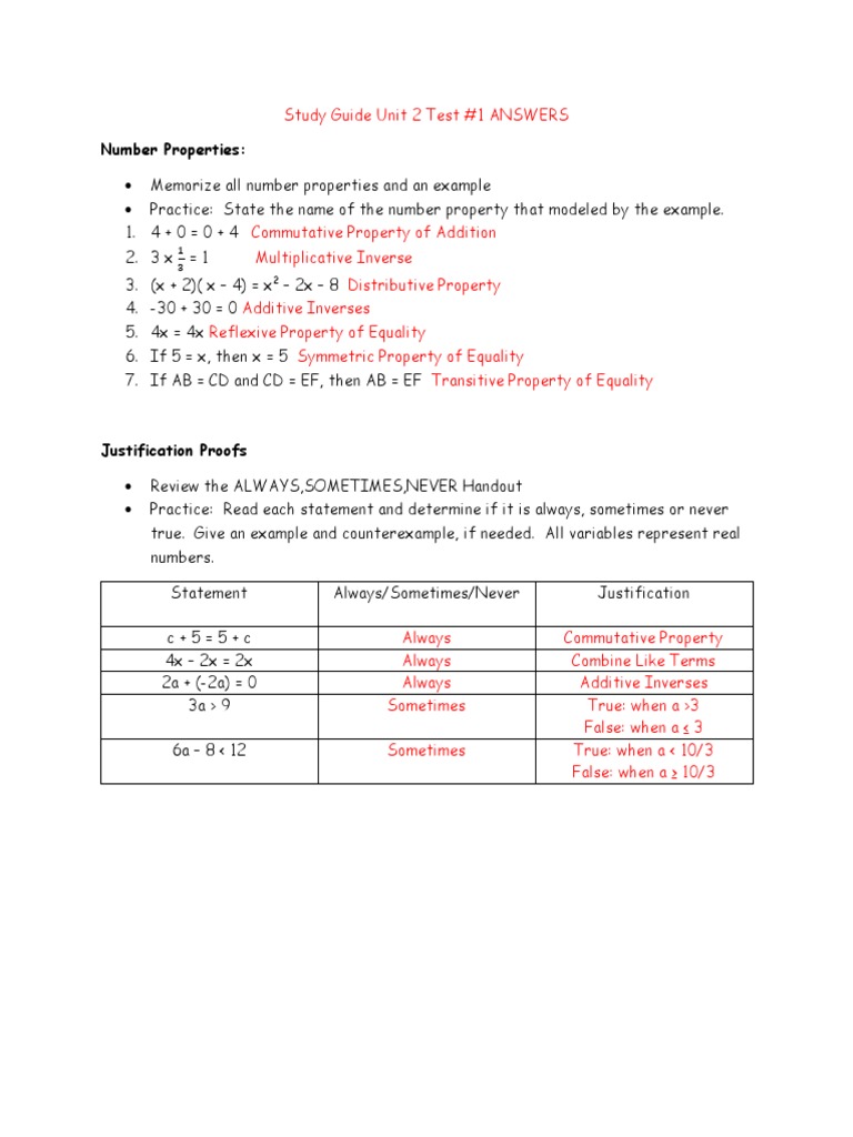 Answer Key 2016 Study Guide Unit 2 Test #1 | PDF | Inequality ...