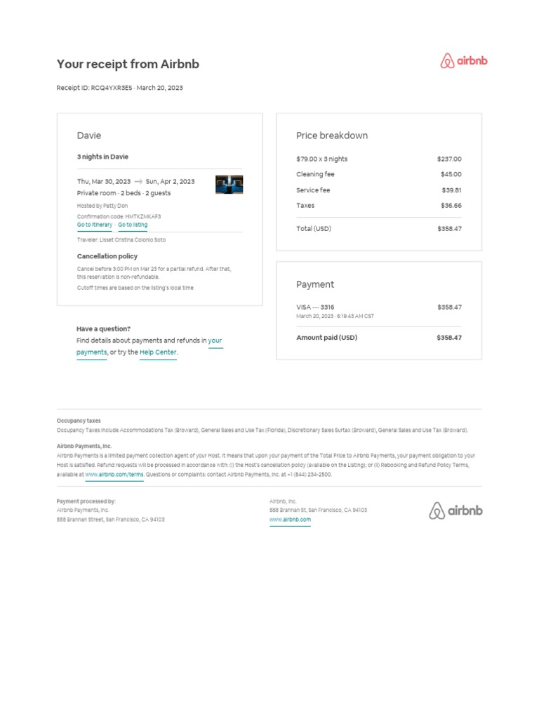Airbnb Travel Receipt RCQ4YXR3ES-3 | PDF | Airbnb | Service Industries