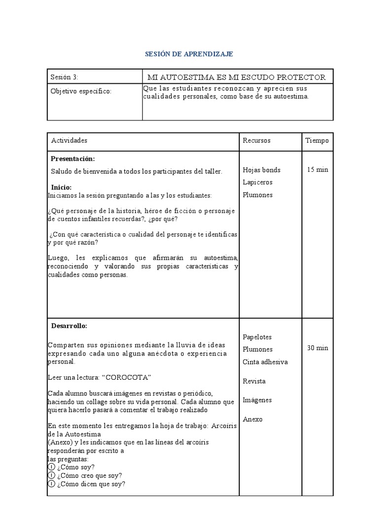 Sesión Mi Autoestima Es Mi Escudo Protector | PDF | Autoestima