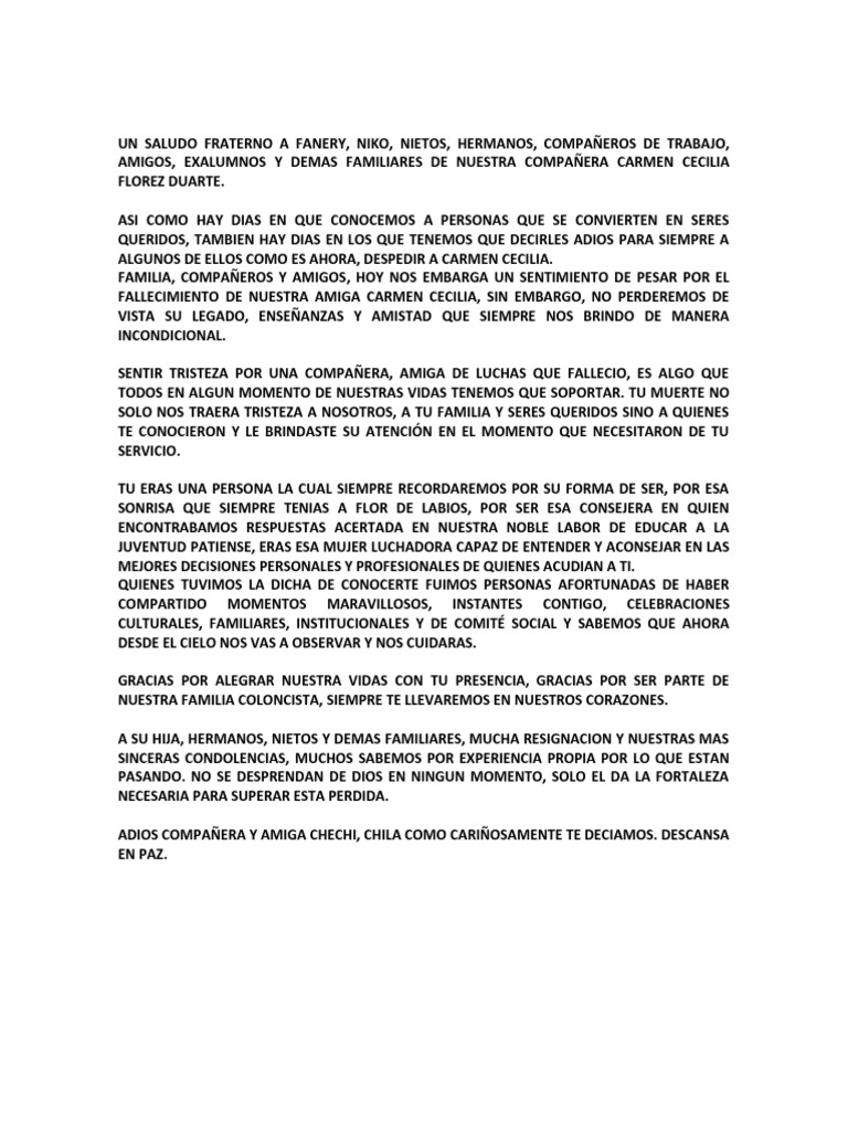 PALABRAS PARA DESPEDIR A CHECHI. | PDF