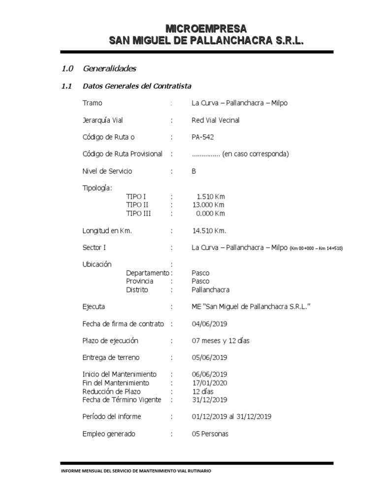Informe Mantenimiento Vial Pallanchacra | PDF