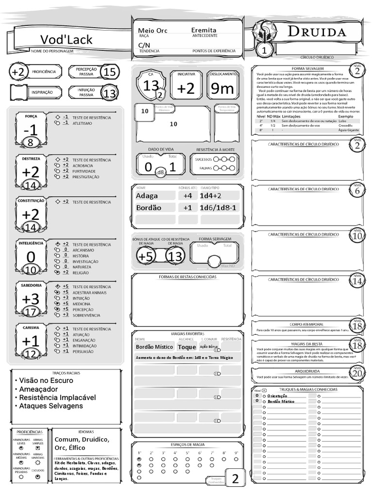 DND 5e Ficha Druida Editavel | PDF