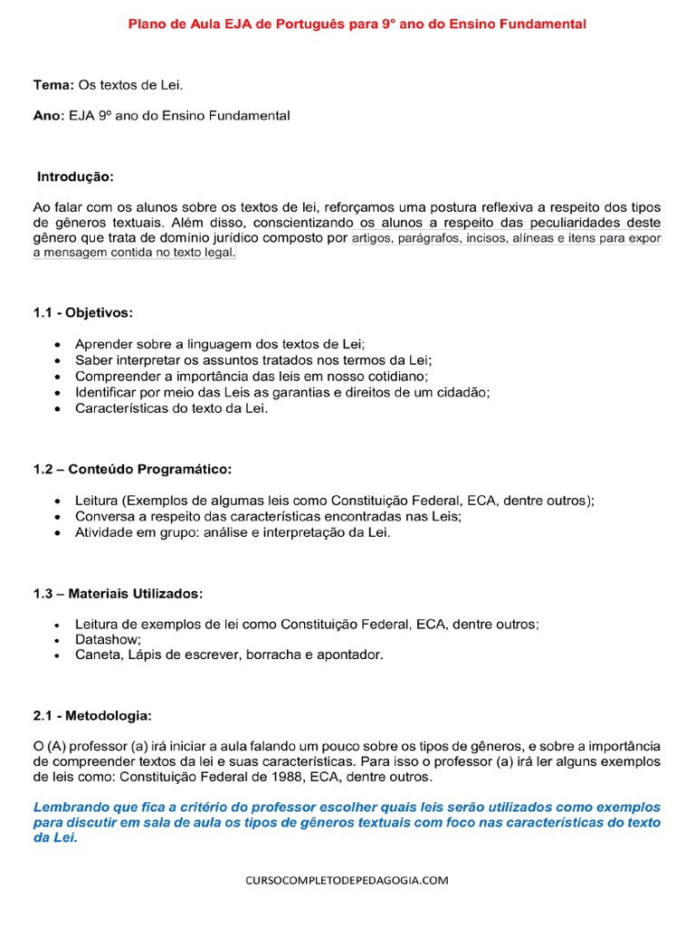 Plano de Aula EJA de Portugues para 9° Ano Do Ensino Fundamental | PDF