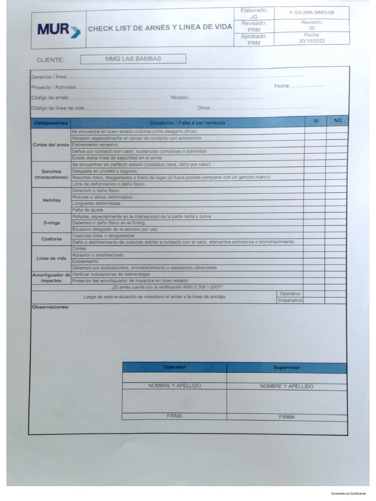 Formato Check List Arnés y Línea de Vida | PDF