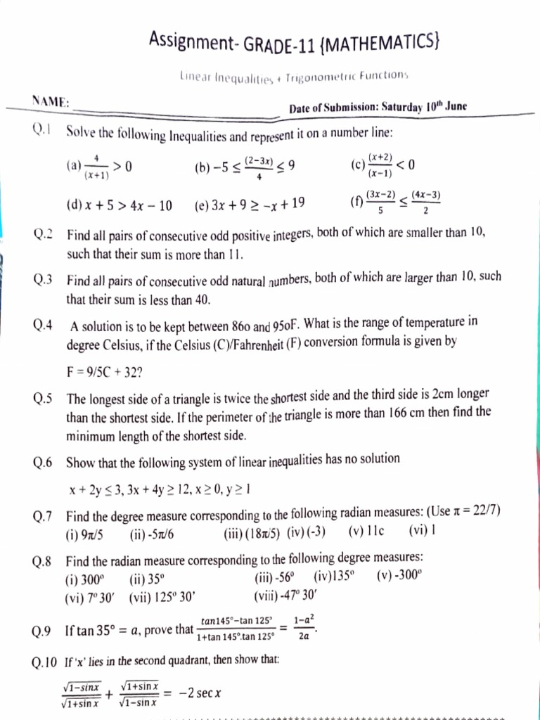 Class 11 Maths Assignment Paper | PDF | Trigonometric Functions ...