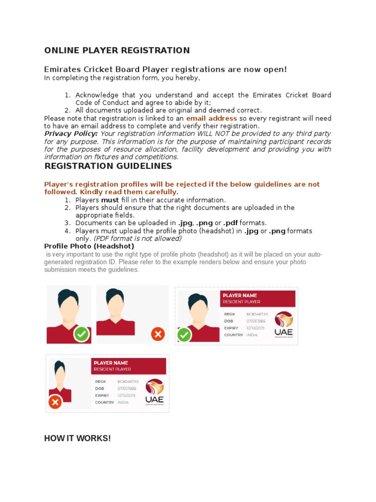 Emirates Cricket Player Registration Guide | PDF | Finance & Money ...