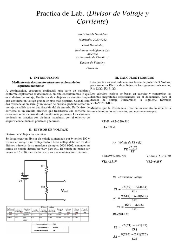 Divisor de Voltaje: Teoría y Práctica | PDF | voltaje | Corriente eléctrica
