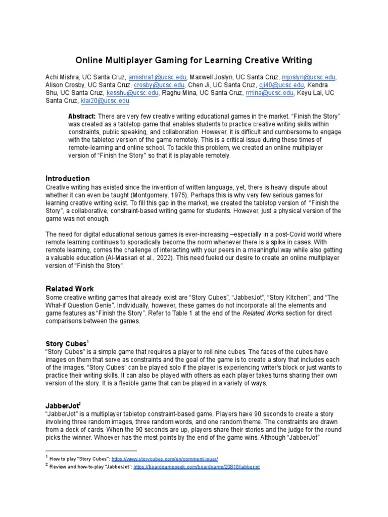 Online Multiplayer Gaming For Learning Creative Writing | PDF | Web ...