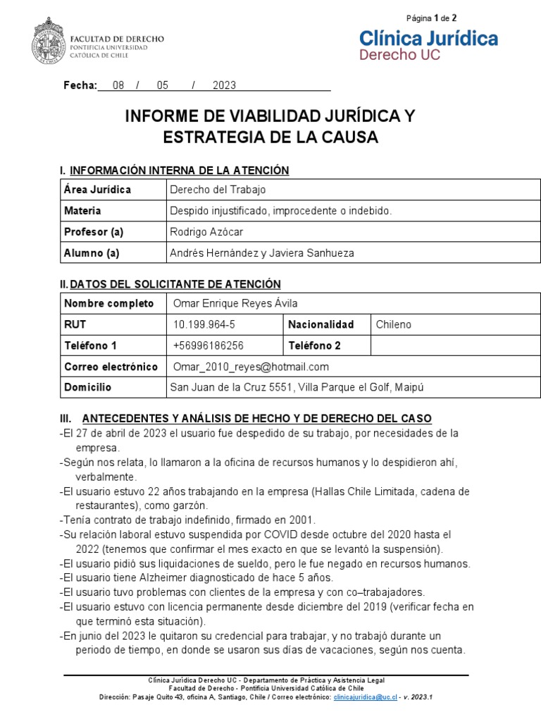 Informe De Viabilidad Jurídica Y Estrategia De La Causa Pdf