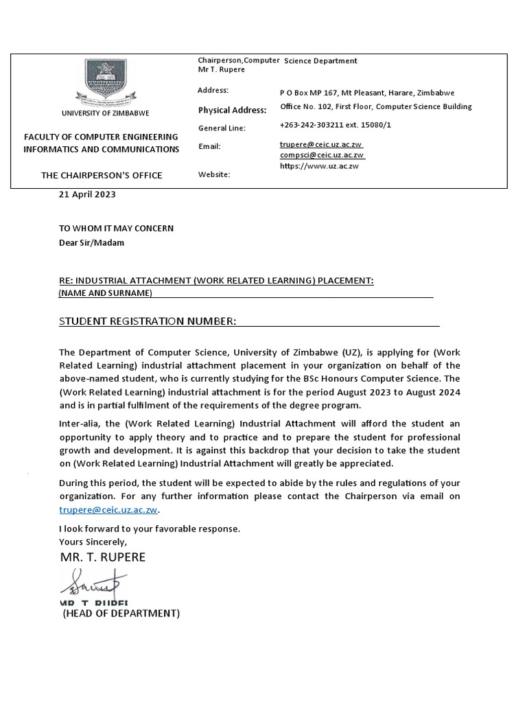 Industrial Attachment Request Letter | PDF | Career & Growth