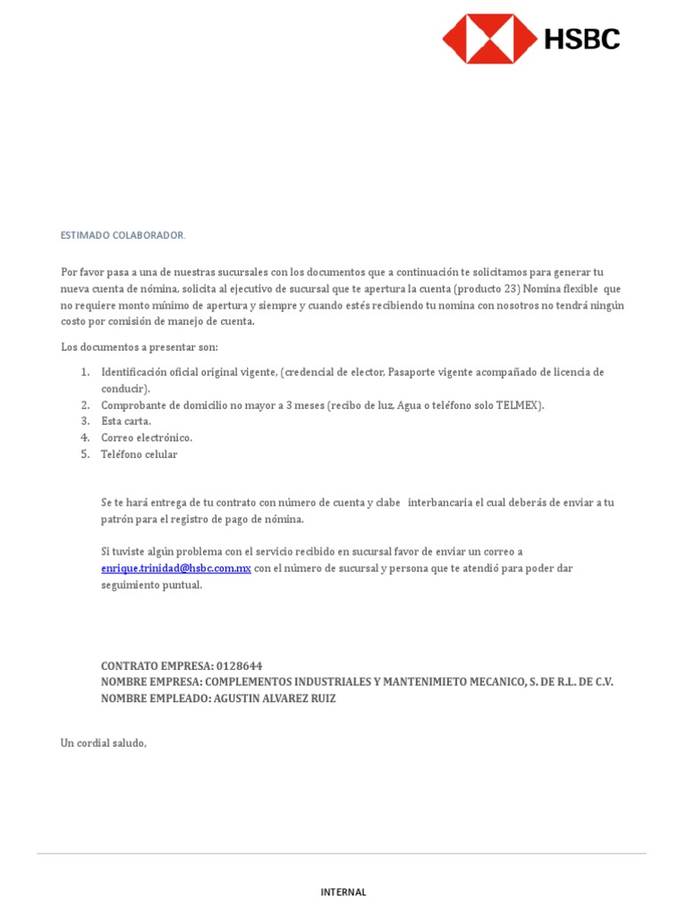 Carta Apertura de Cuenta en Suc Nomina HSBC COMPLEMENTOS | PDF Carta Apertura de Cuenta en Suc Nomina HSBC COMPLEMENTOS | PDF