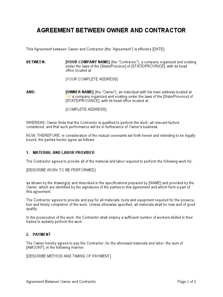 Agreement Between Owner and Contractor | PDF | General Contractor ...