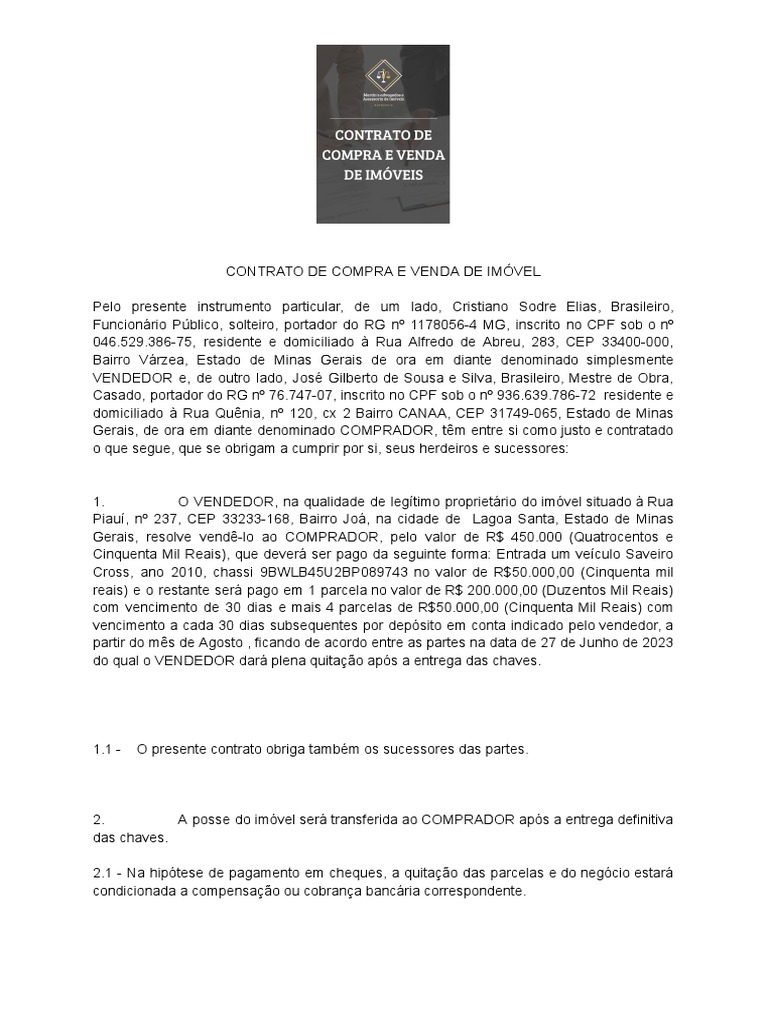 Contrato de Compra e Venda de Imóvel | PDF | Economias | Consentimento