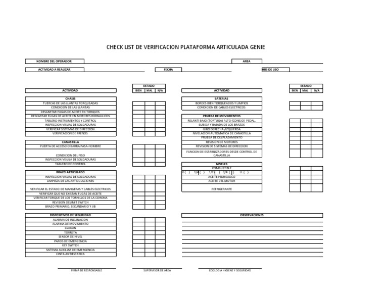 Check List de Verificacion Plataforma Articulada Genie | PDF ...