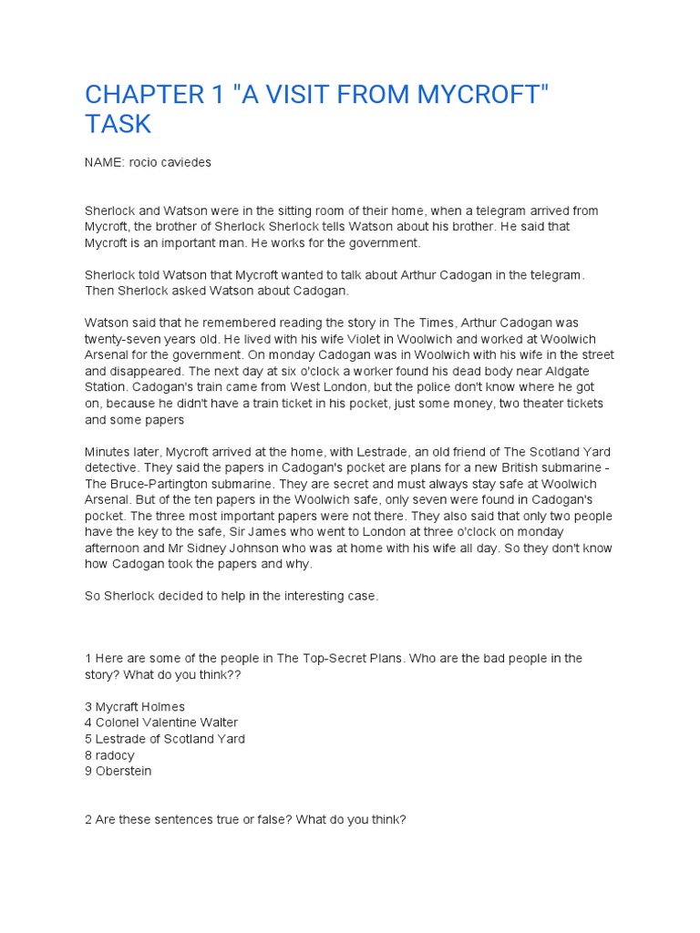 Chapter 1 - A Visit From Mycroft - Task | PDF | Sherlock Holmes ...