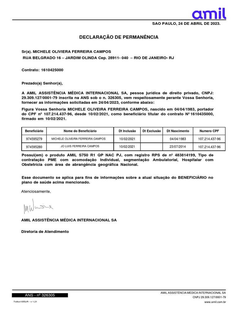 Carta de Permanencia - Amil 1_2 | PDF