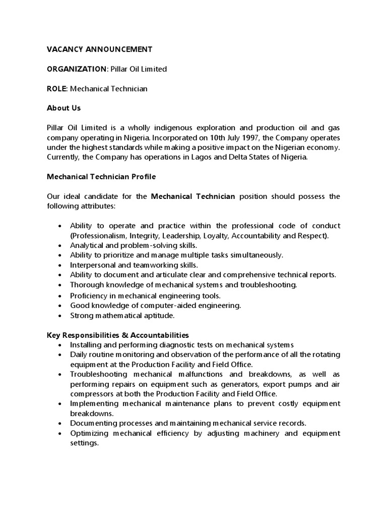 VACANCY ANNOUNCEMENT - Mechanical Technician | PDF | Engineering | Mechanical Engineering