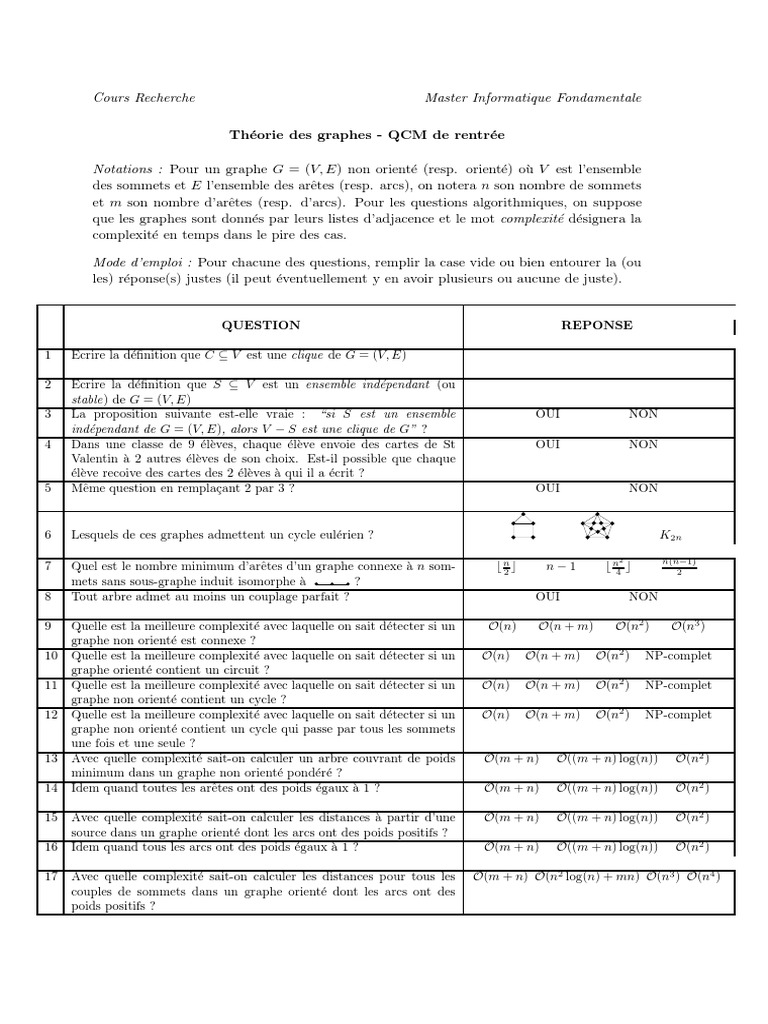 QCM Théorie des Graphes - Master Info | PDF | Théorie des graphes ...