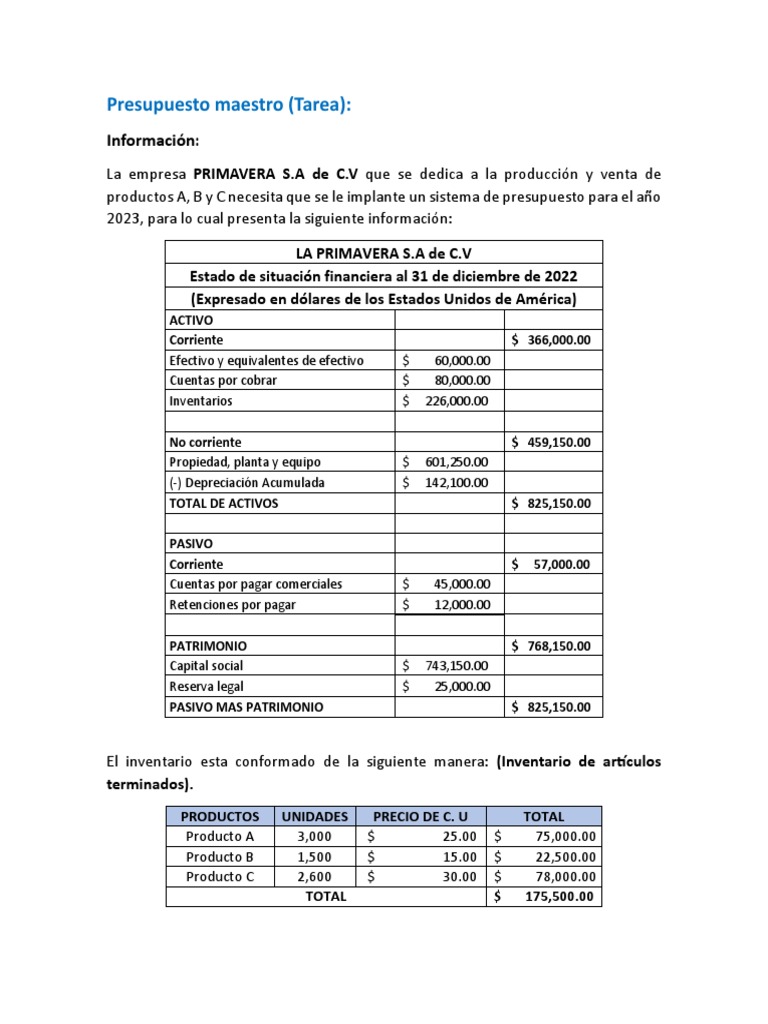 Ejercicio de Presupuesto Maestro | PDF | Presupuesto | Economias