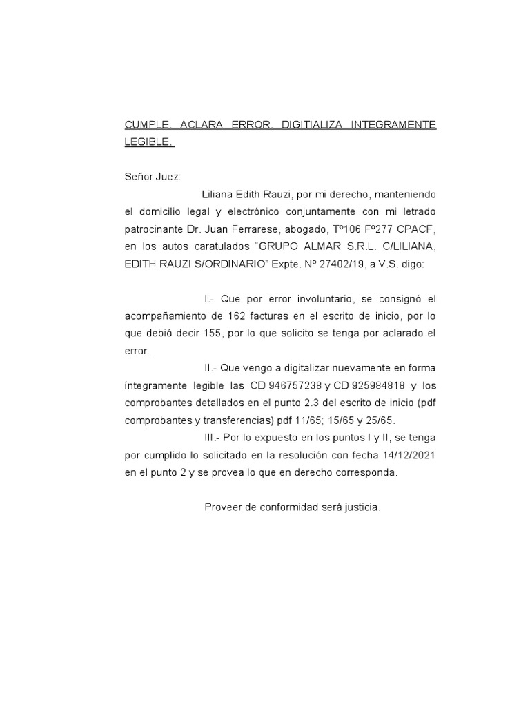 Aclara Error Involuntario. Digitaliza. Rauzi | PDF | Derecho