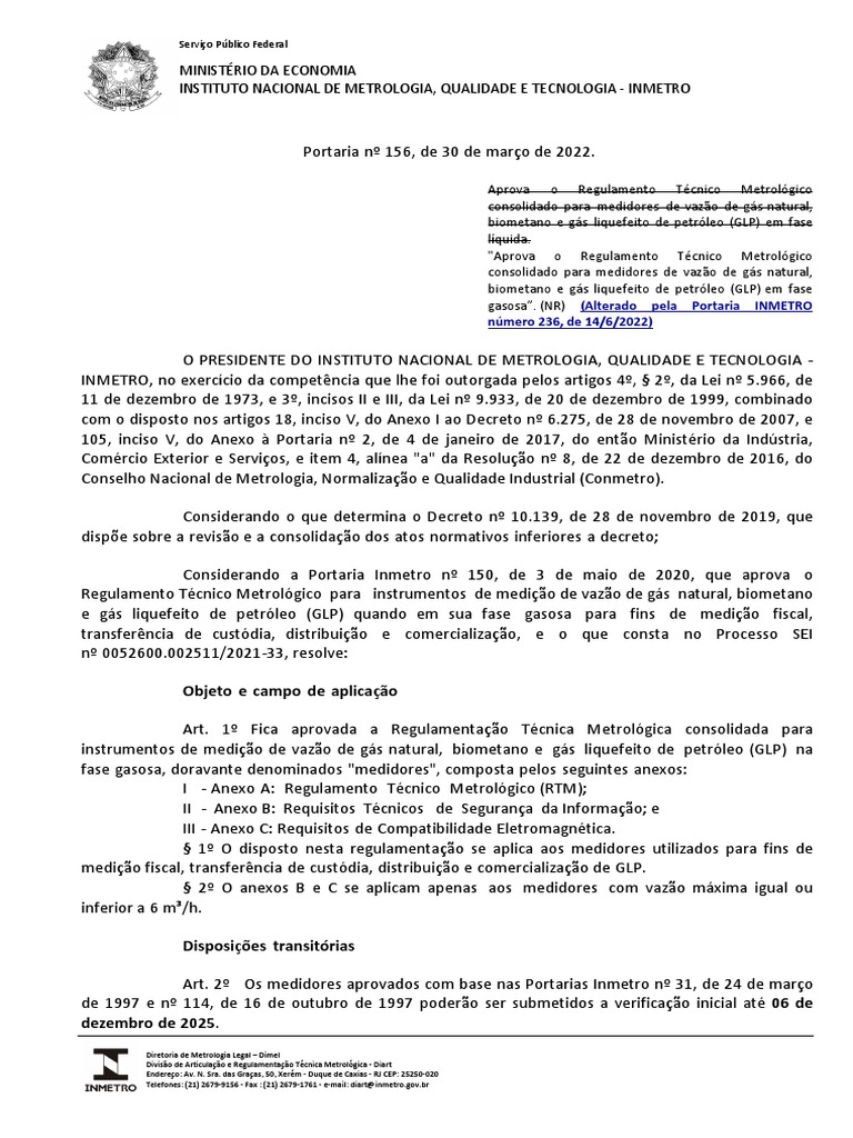 Portaria INMETRO Nº 156 2022 - Medidores de Gás | PDF | Metrologia ...