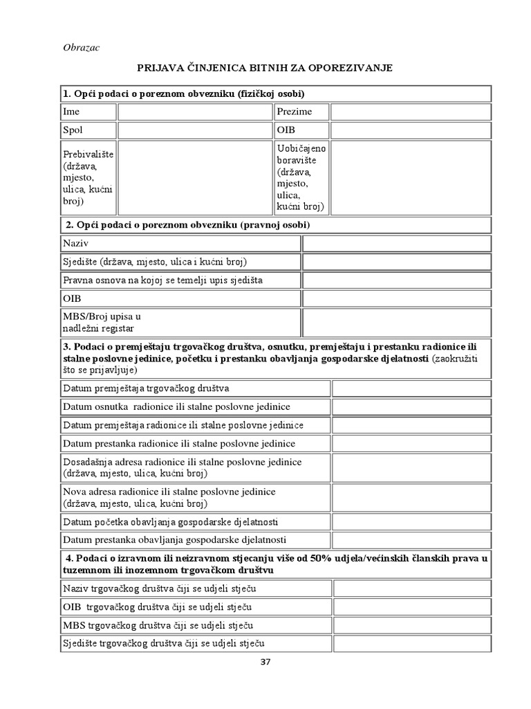 Prijava Cinjenica Bitnih Za Oporezivanje - Pravilnik o Provedbi OPZ-A | PDF