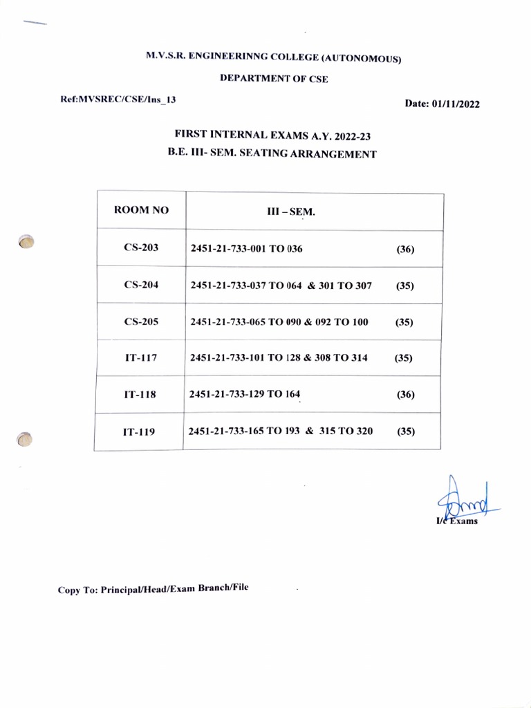 B e III Semester Cie 1 Seating Plan | PDF
