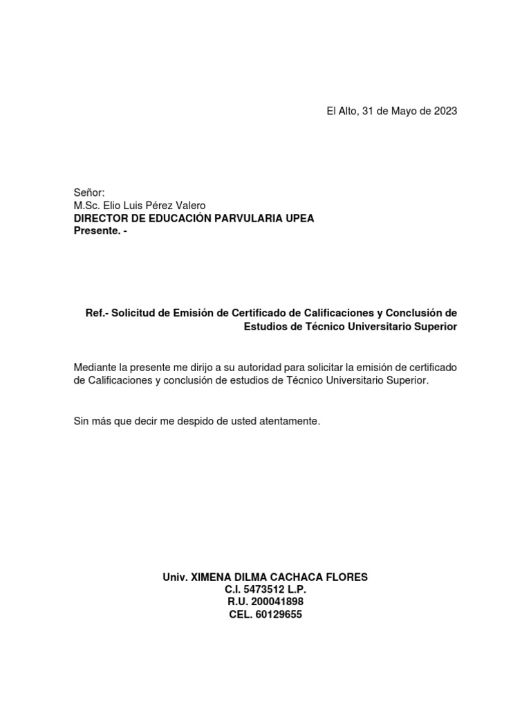 Carta Solicitud Conclusión de Estudios | PDF