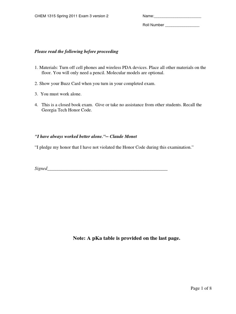 CHEM 1315 Spring 2011 Exam 3 Guide | PDF | Alcohol | Chemical Reactions