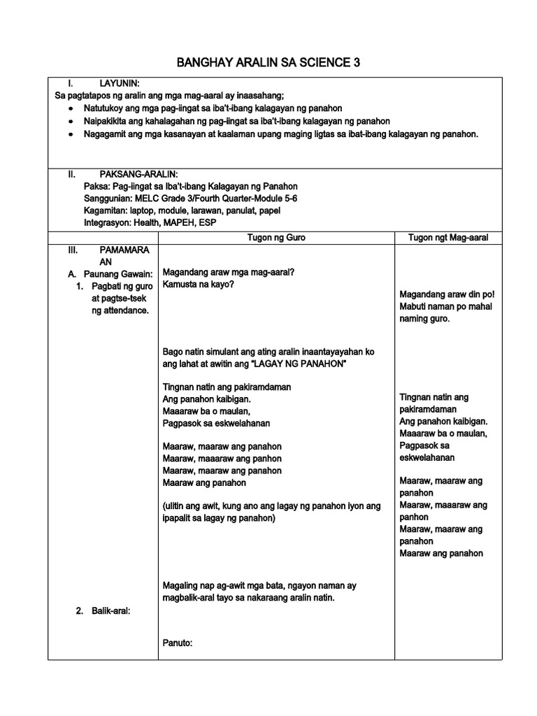 DETALYADONG BANGHAY Sa SCIENCE 3 PAG IINGAT SA IBAT IBANG KALAGAYAN NG ...