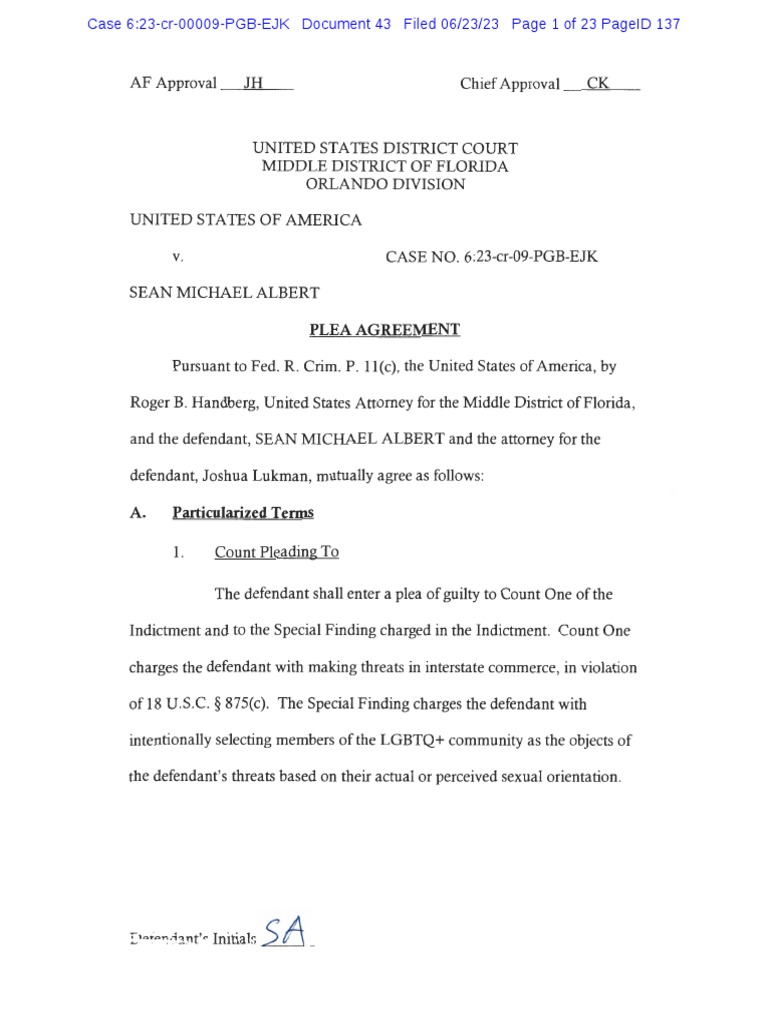 Sean Albert Plea Agreement | PDF | Plea Bargain | Plea