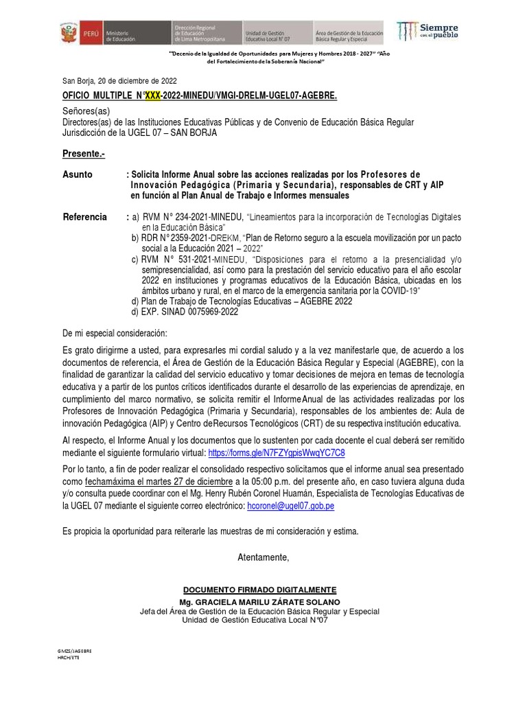 Oficio-Multiple-Presentacion-del-Informe-de-Actividades-DAIP-CRT - 2022 | PDF | Enseñando | Maestros